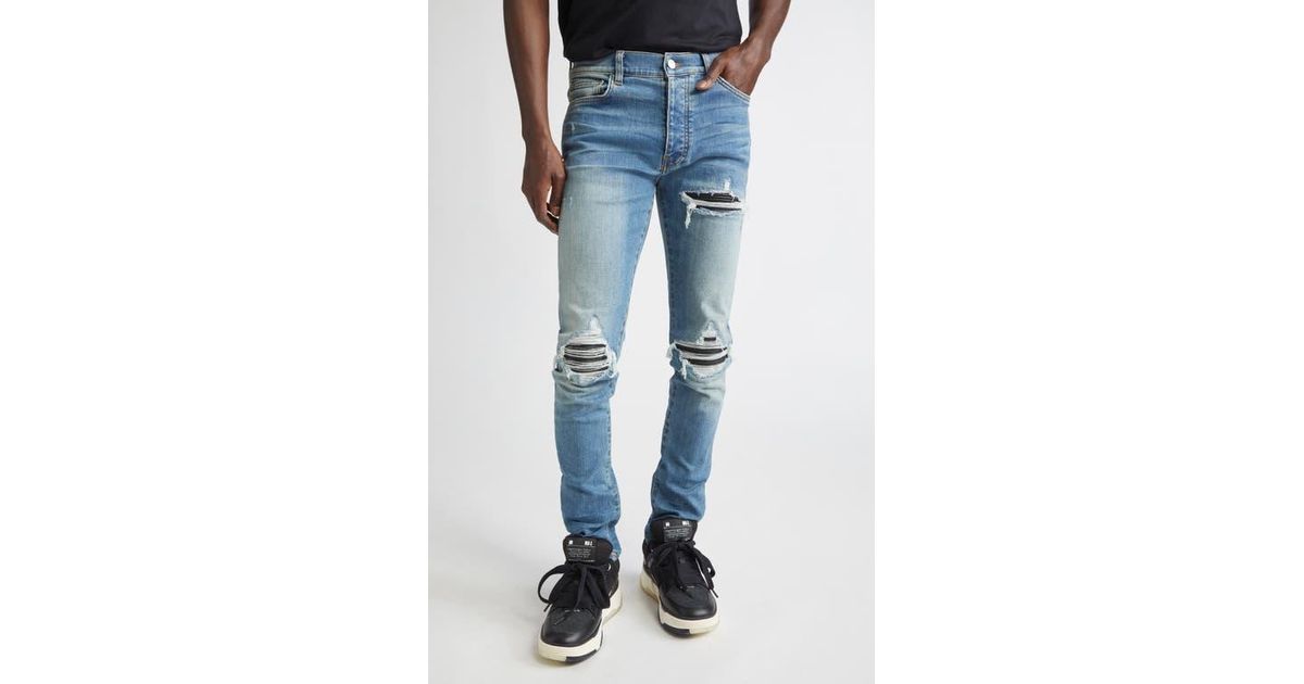 Amiri Mx1 Leather Patch Ripped Skinny Jeans in Blue for Men | Lyst