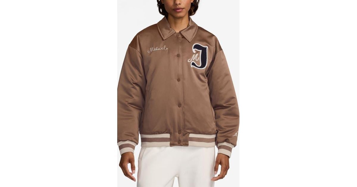 Nike Chenille Patch Satin Varsity Bomber Jacket in Brown | Lyst
