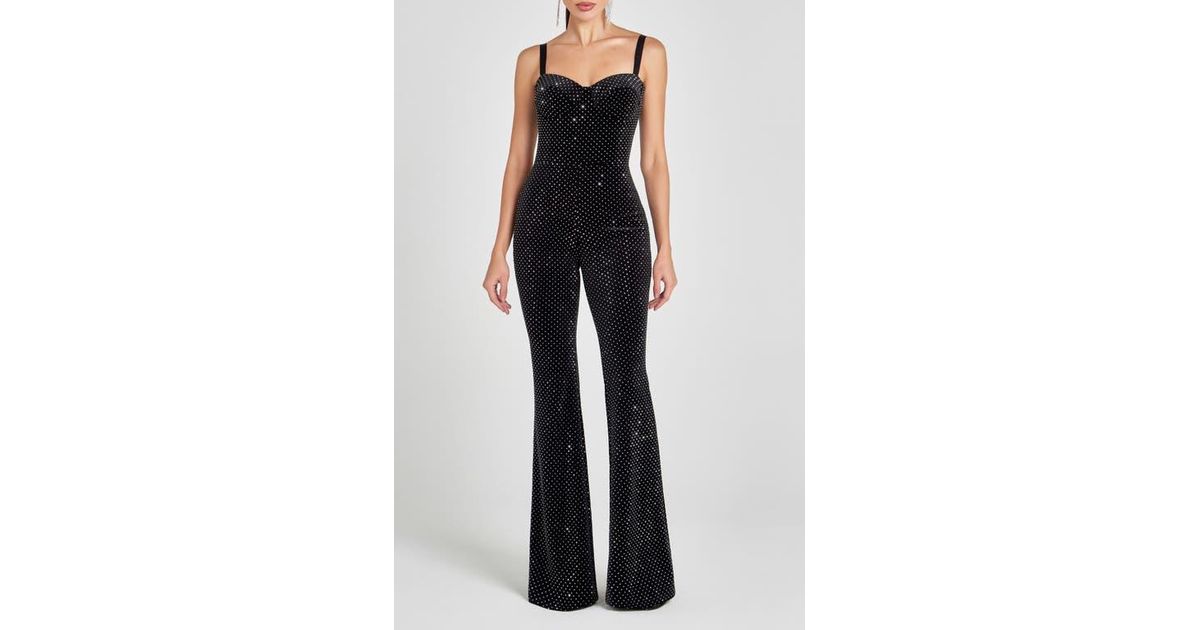 Nadine Merabi Roxanne Crystal Velvet Flare Leg Jumpsuit in Blue | Lyst