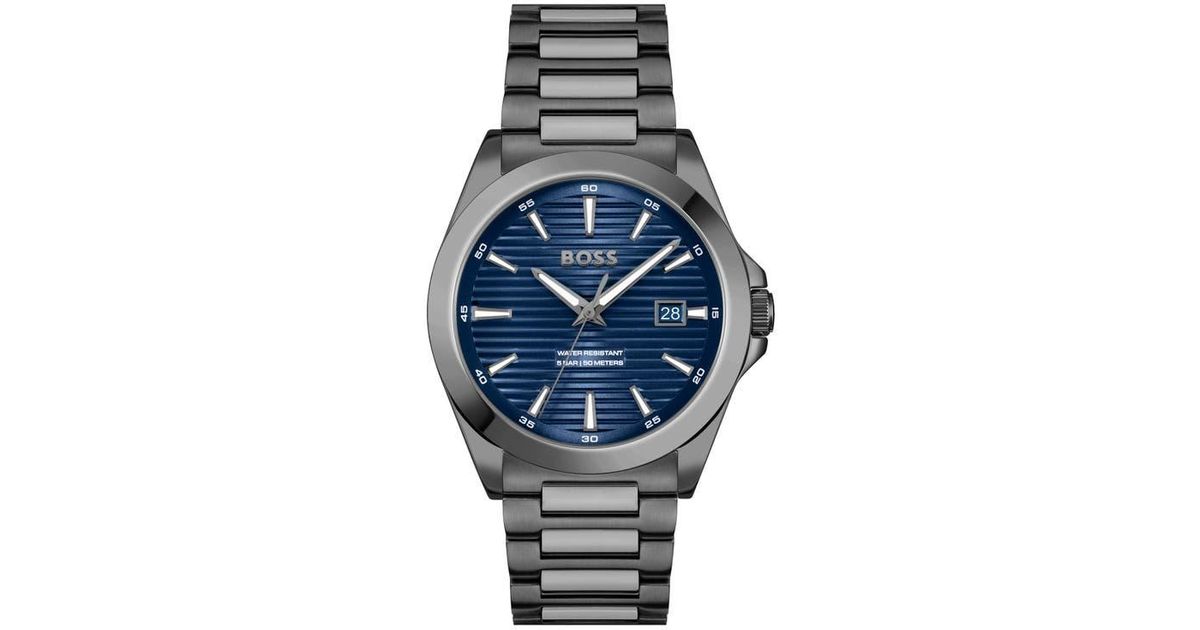 BOSS Strike Quartz Basic Calendar Ionic Plated Grey Steel Watch 41mm in ...