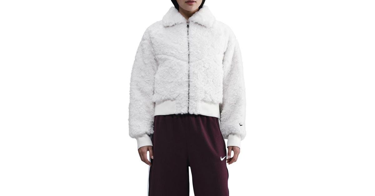 Nike Essential Faux Fur Bomber Jacket in White | Lyst