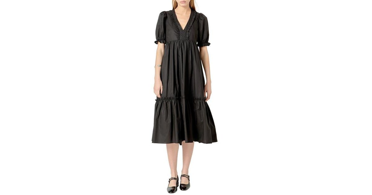 English Factory Puff Sleeve Empire Waist Tiered Cotton Midi Dress in ...