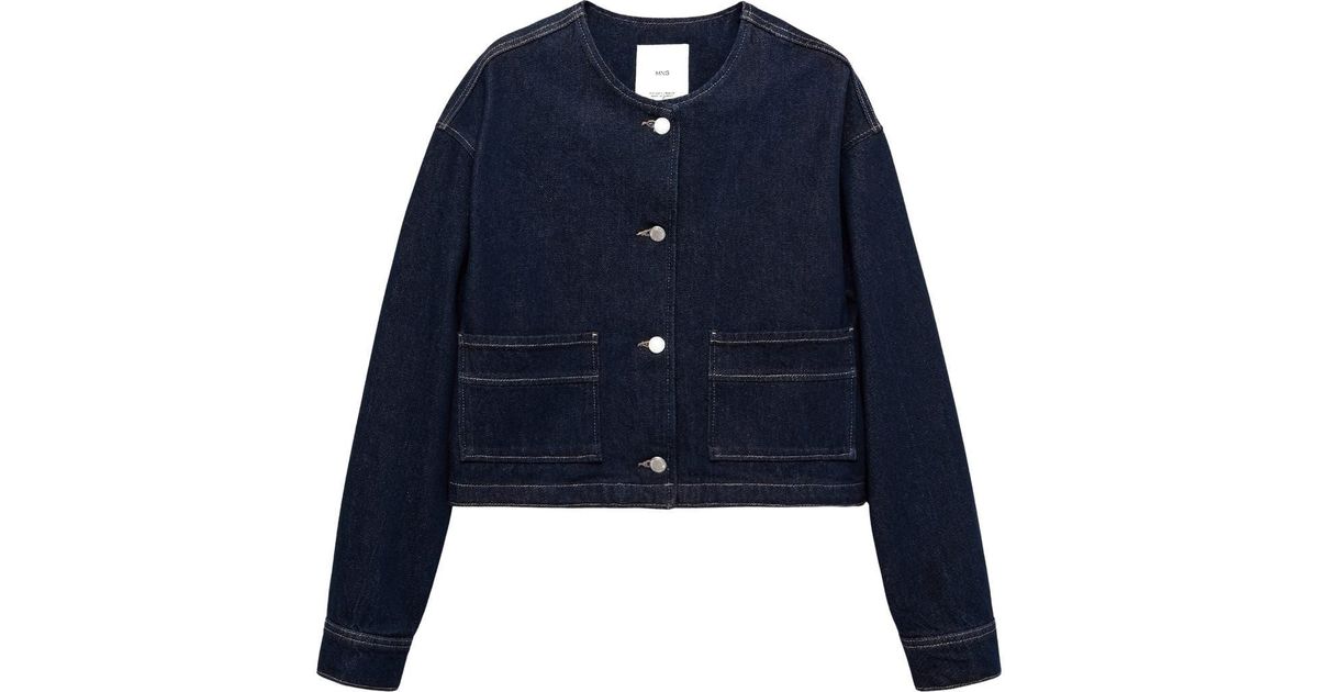 Mango Collarless Denim Jacket in Blue | Lyst