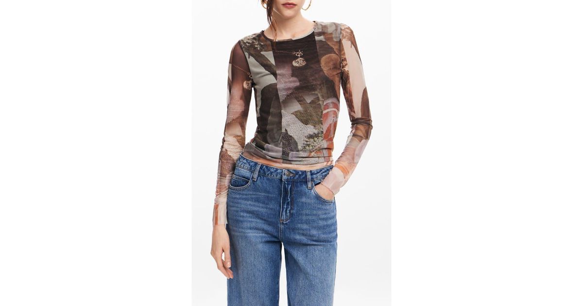 Desigual Carson Print Mesh Long Sleeve Top in Blue | Lyst