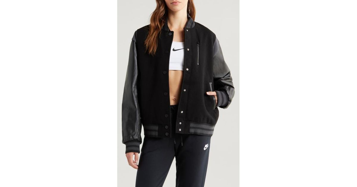 Nike Sportswear Destroyer Leather & Wool Blend Varisty Bomber Jacket in ...