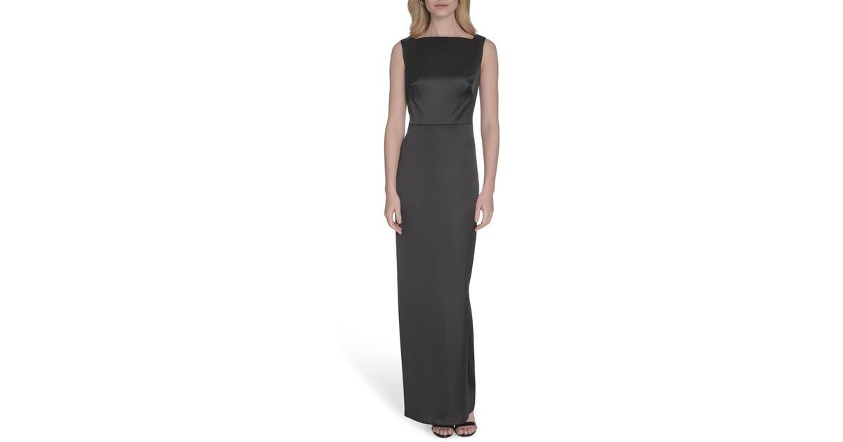 Vince Camuto Cowl Back Square Neck Satin Column Gown in Black | Lyst