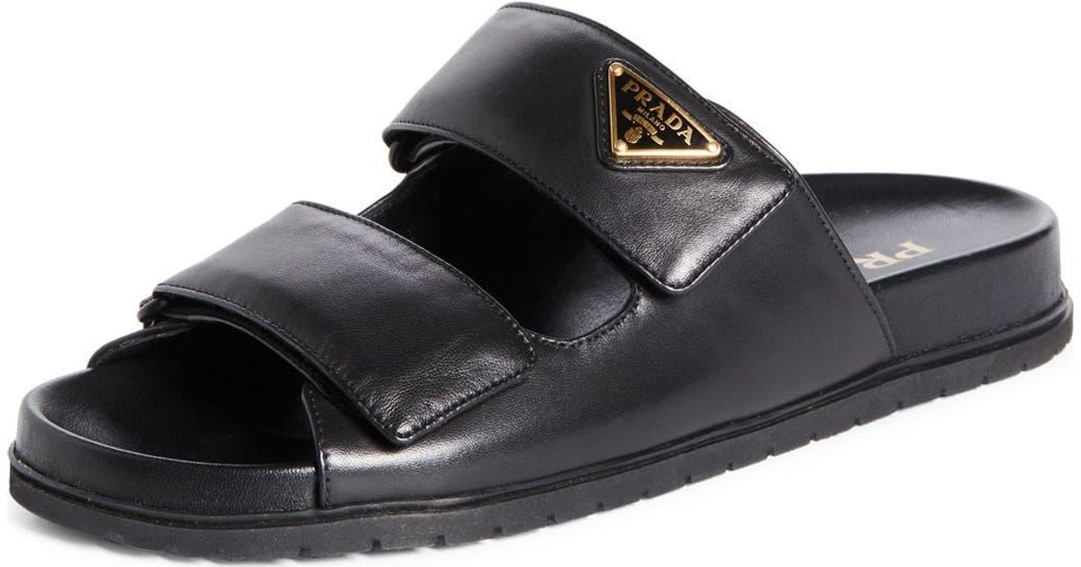 Prada Double Band Slide Sandal in Black | Lyst