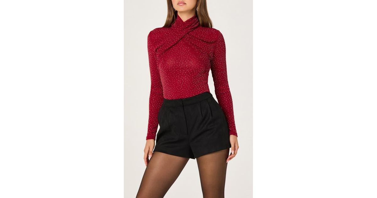 Astr Embellished Shimmer Crossover Mock Neck Top in Red | Lyst