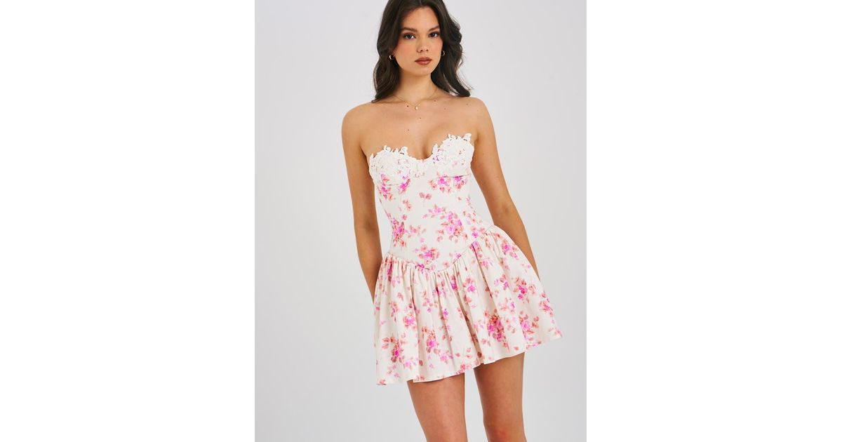 Miss Circle Samara Floral Drop Waist Linen Corset Puffy Mini Dress in ...