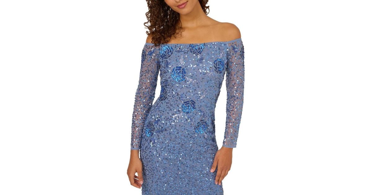 Adrianna Papell Beaded Off The Shoulder Long Sleeve Mesh Column Gown in ...