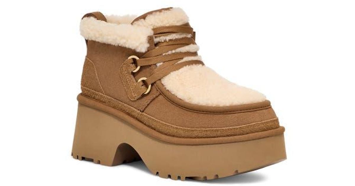 UGG Classic New Heights Genuine Shearling Lace-Up Bootie in Brown | Lyst