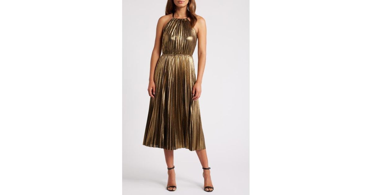 Chelsea28 Metallic Pleated Cocktail Dress in Brown | Lyst