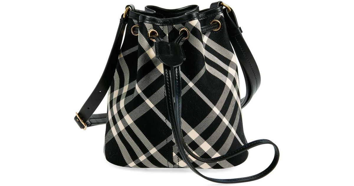 Burberry Mini Twill Drawstring Bucket Bag in Black | Lyst