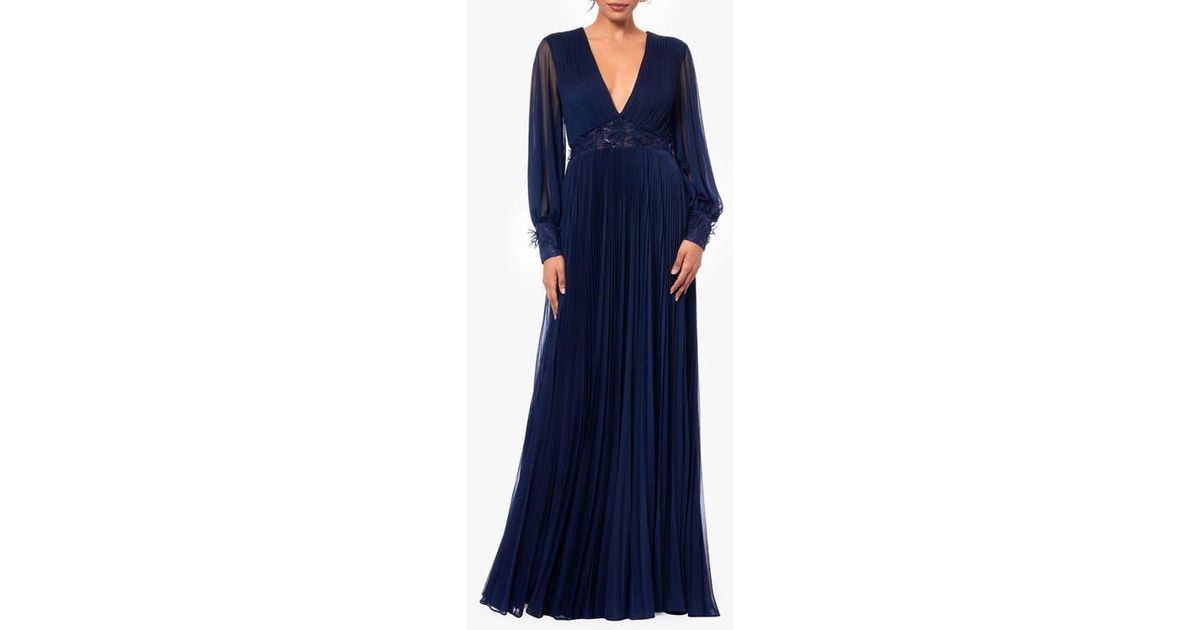 Betsy & Adam Sequin Waist Long Sleeve Gown in Blue | Lyst