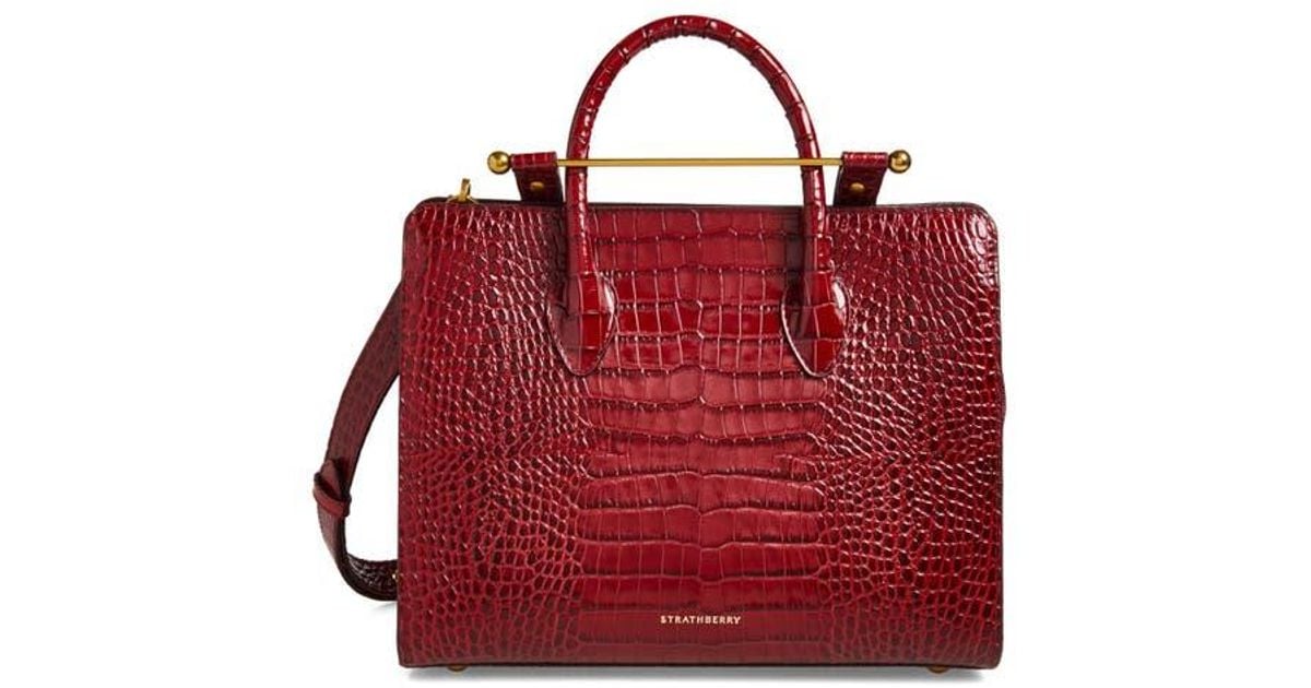 Strathberry Midi Croc Embossed Leather Tote in Red | Lyst