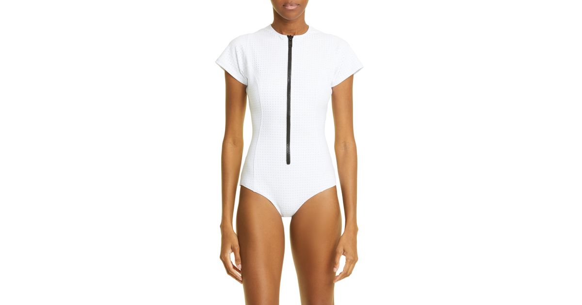 Lisa Marie Fernandez Farrah Short Sleeve Zip One Piece Swimsuit In Blue