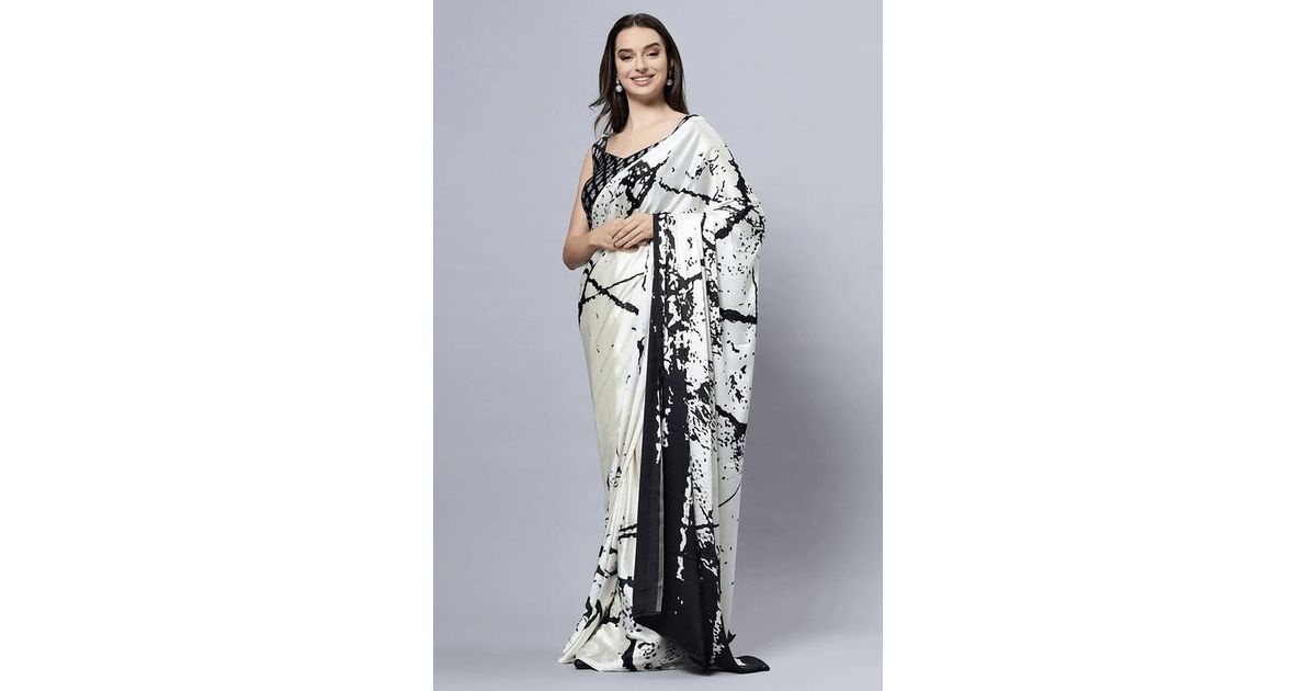 One Minute Saree Camille Cream Satin Crepe Pre-Draped Saree With Print ...