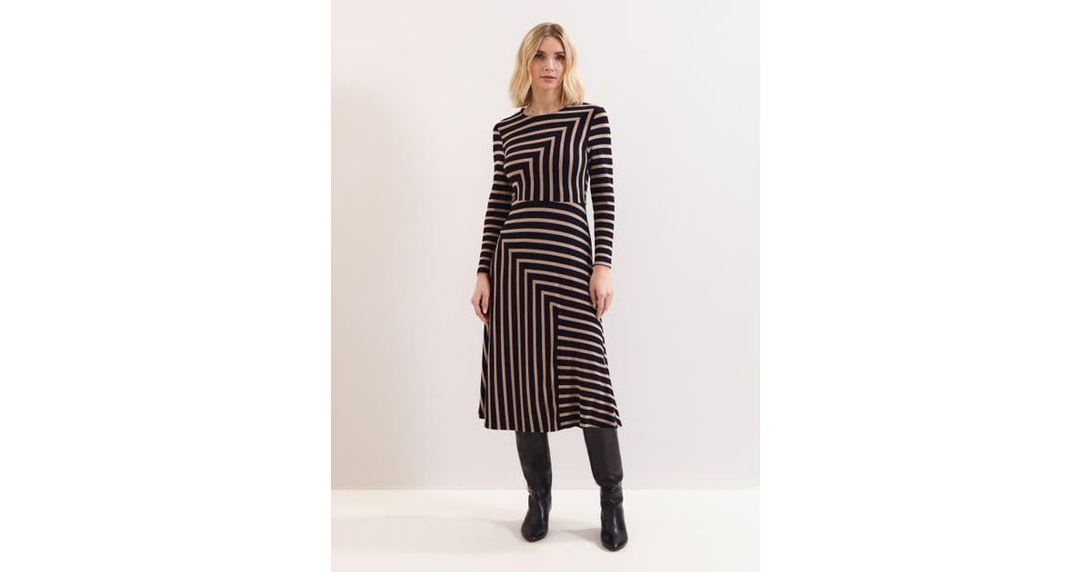 Phase Eight Mia Stripe Long Sleeve Midi Dress in Natural | Lyst