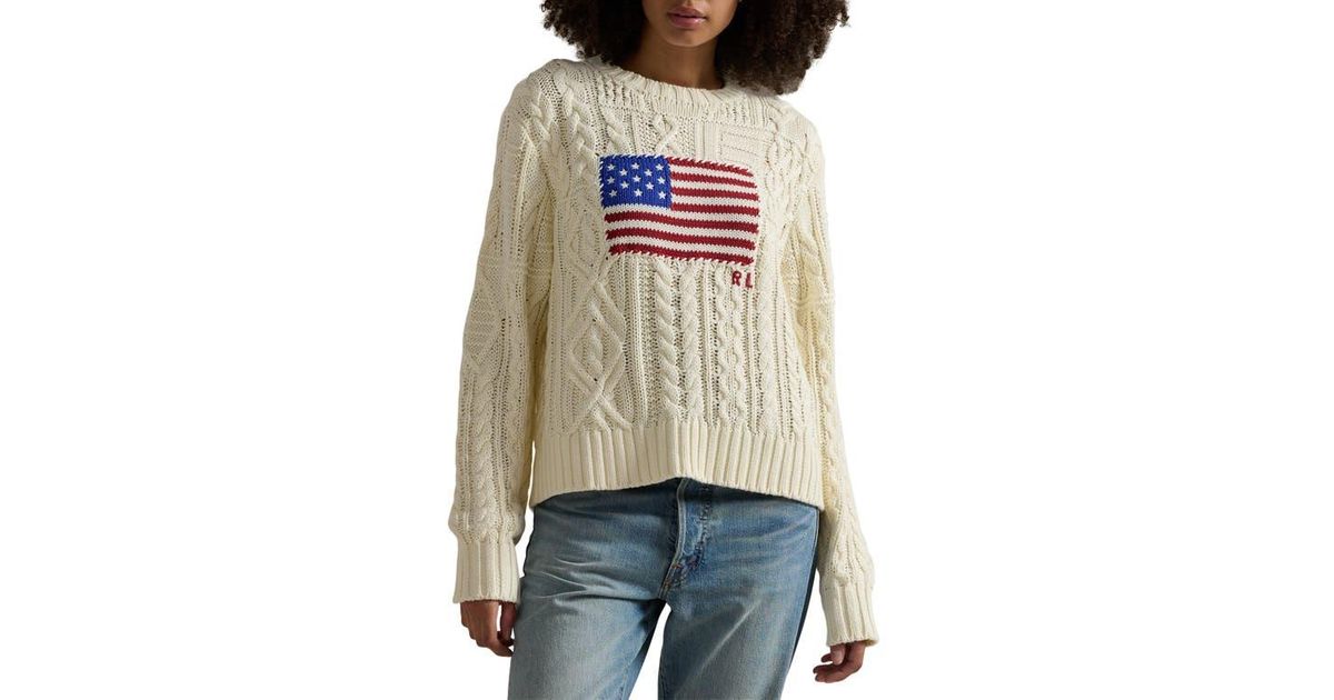 Polo Ralph Lauren Aran Stitch American Flag Cotton Crewneck Sweater in ...