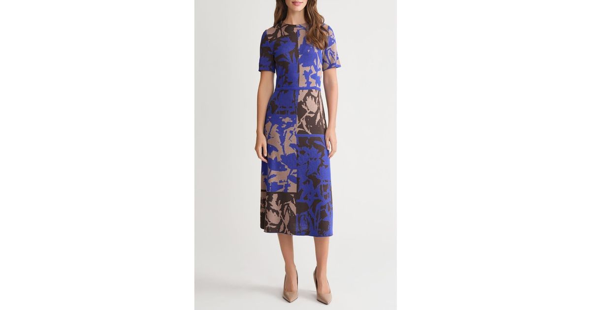 Ming Wang Floral Colorblock Knit Midi Dress in Blue | Lyst