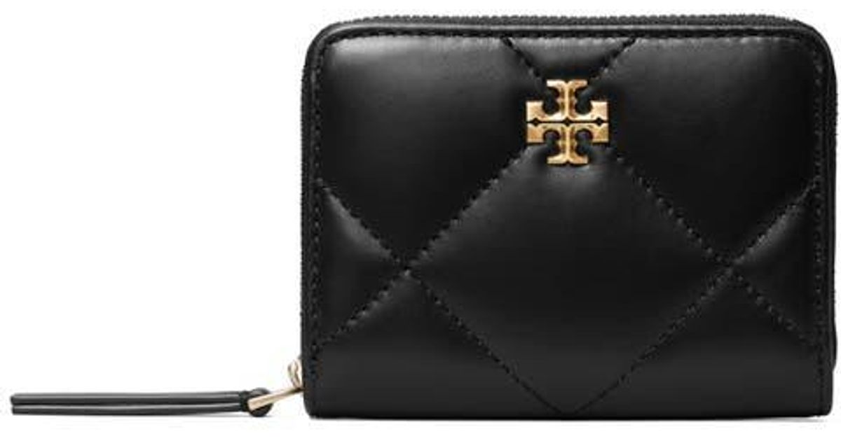 Tory Burch Small Kira Diamond Quilted Leather Zip Wallet in Black | Lyst