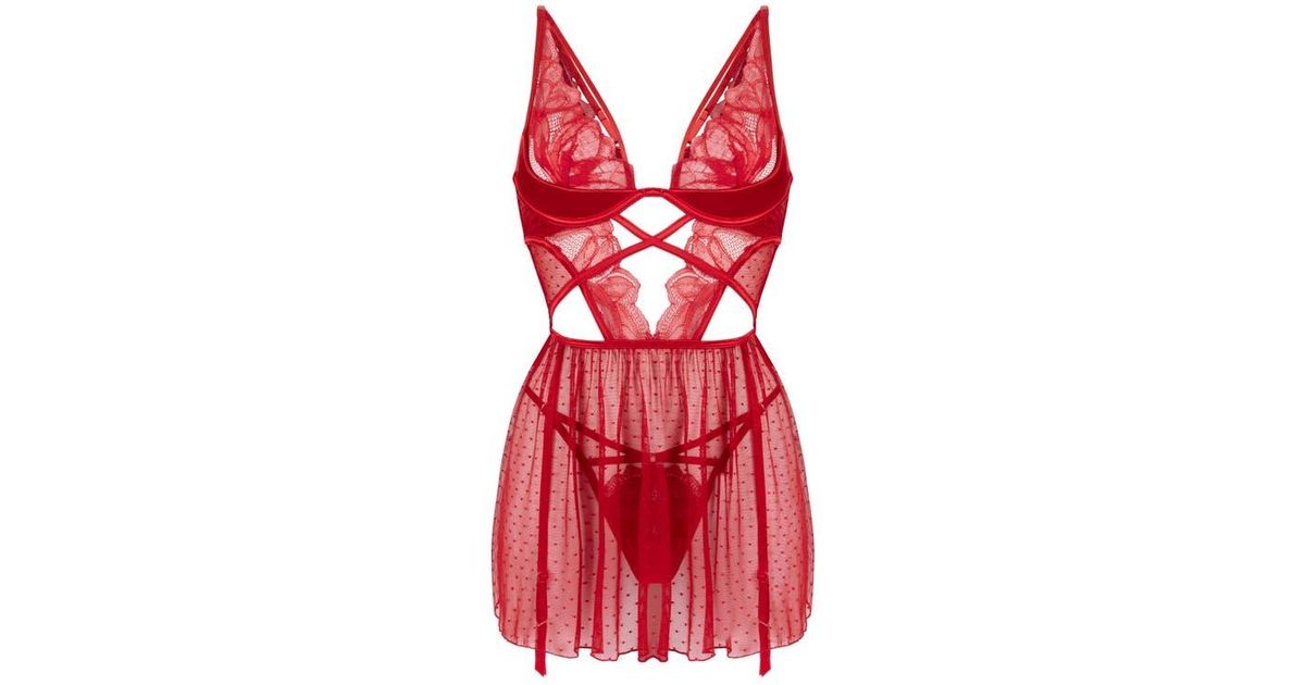 Hunkemöller Billie Dot Mesh & Lace Chemise & G-String Set in Red | Lyst
