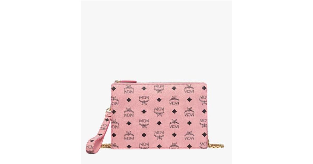 MCM Wristlet Standing Pouch W/ Chain Strap in Pink | Lyst