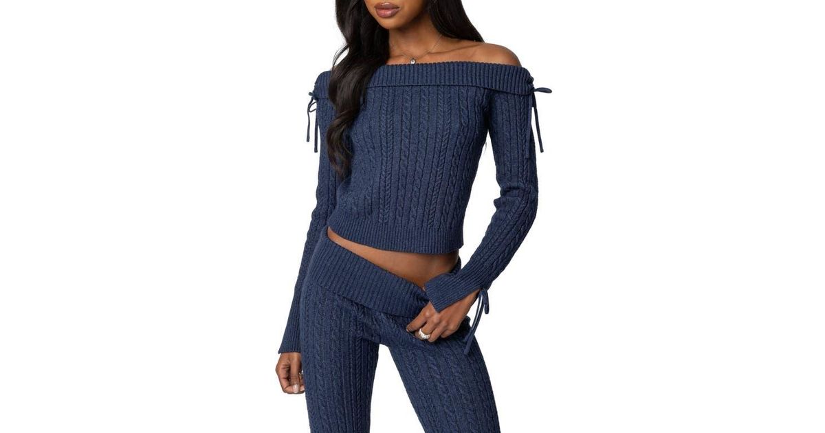 Edikted Chase Foldover Off The Shoulder Bow Trim Sweater in Blue | Lyst