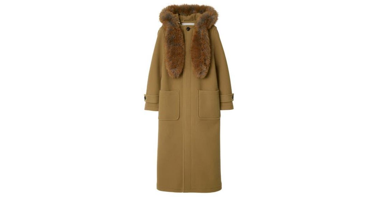 Burberry Faux Fur Trim Wool Duffle Coat in Natural | Lyst