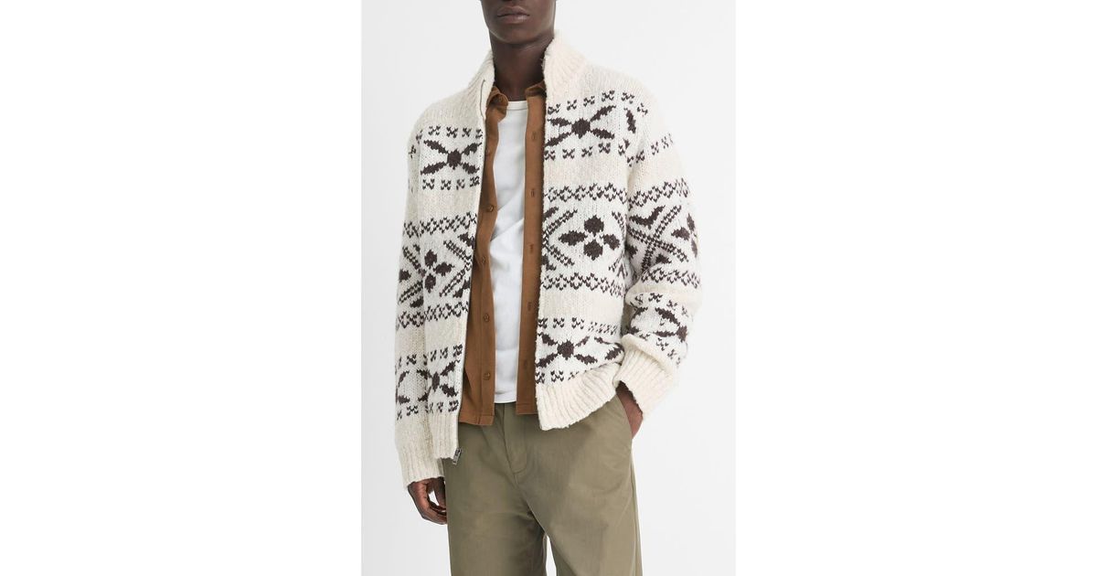 Vince Fair Isle Wool Blend Zip Cardigan in Natural for Men | Lyst