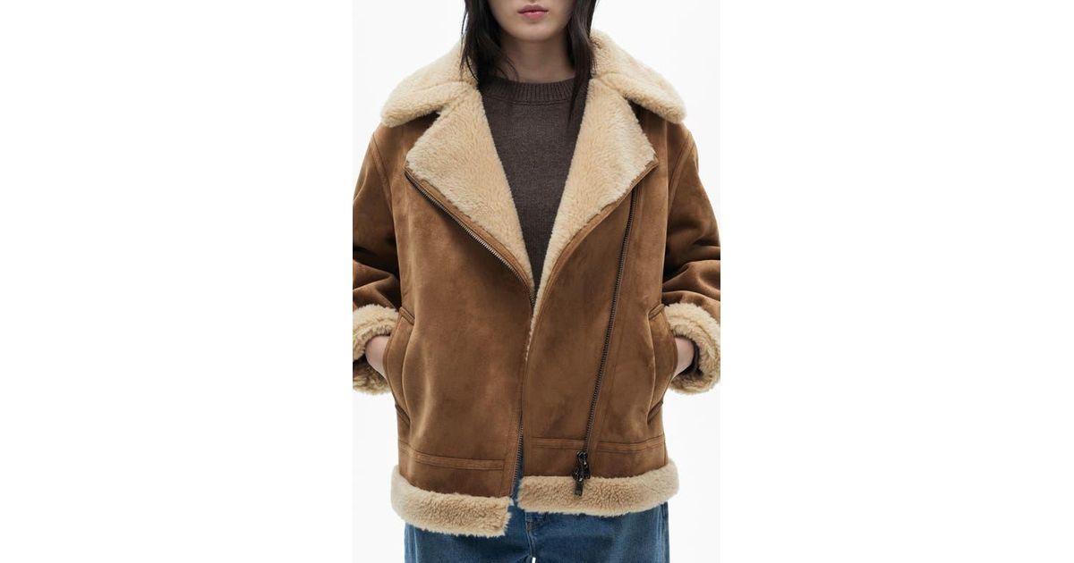 Mango Faux Shearling Moto Jacket in Brown | Lyst
