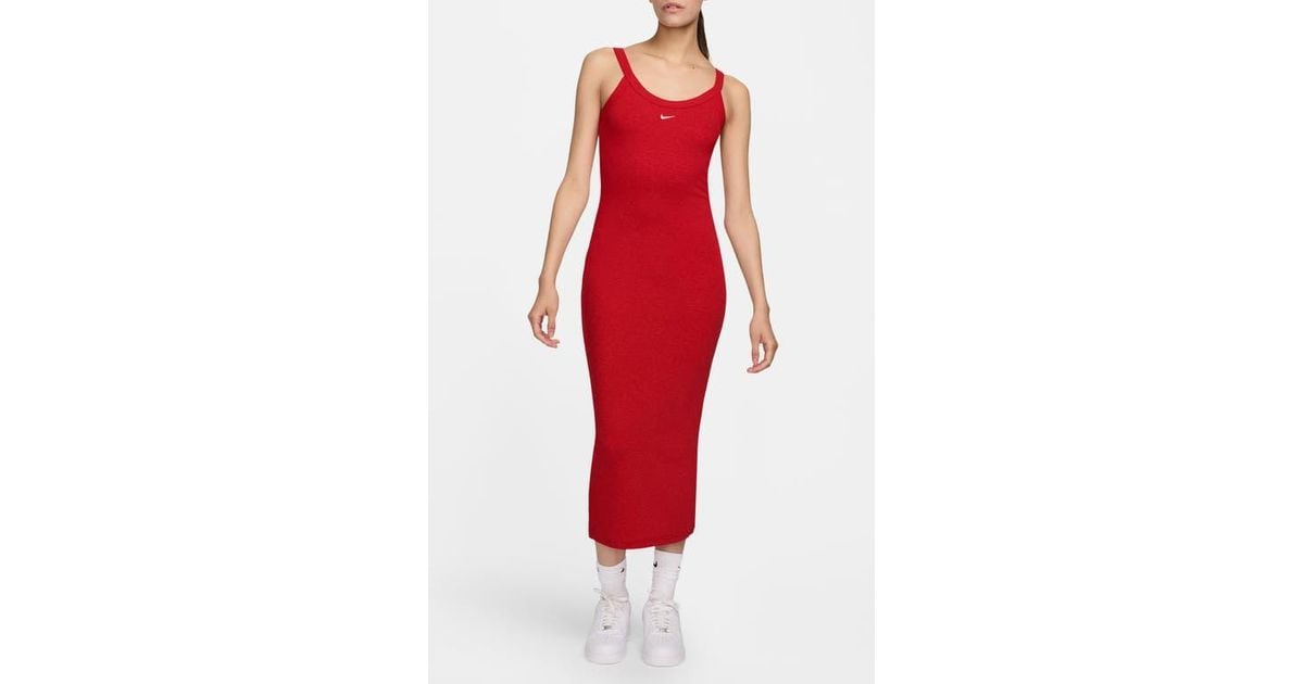 Nike Sportswear Chill Knit Tight Rib Midi Dress in Red | Lyst