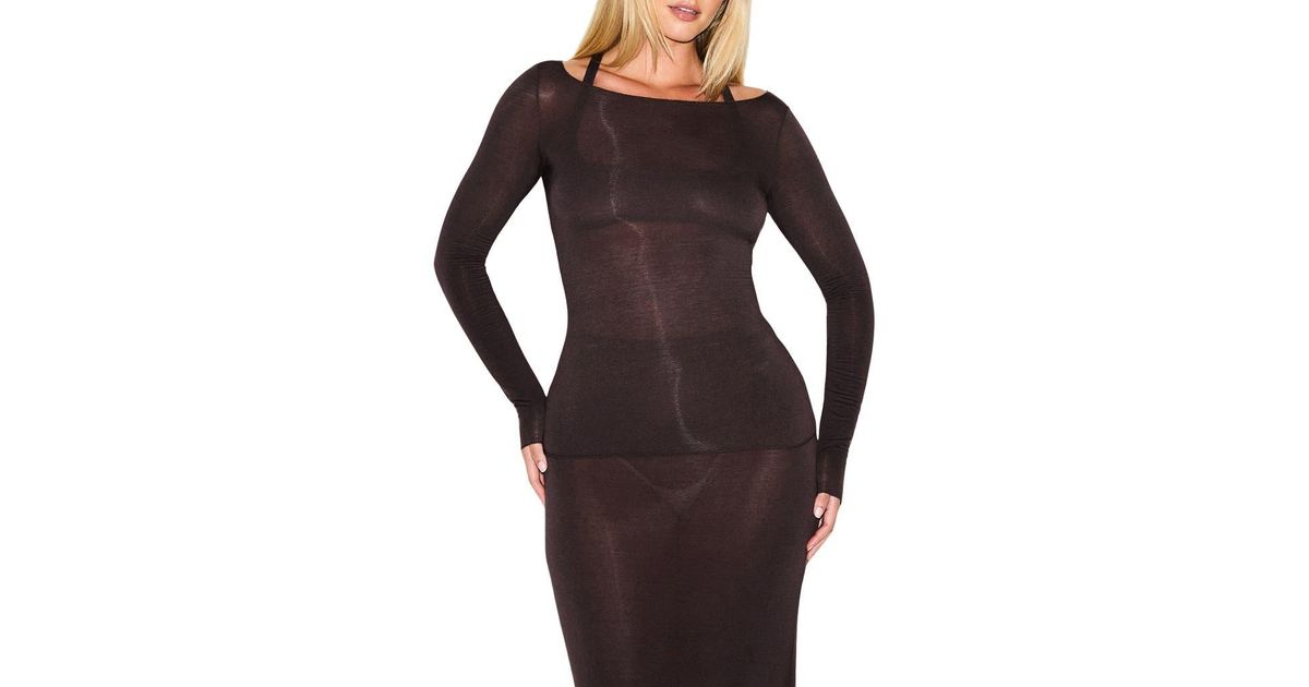 Skims Sheer Modal Blend Long Sleeve Boat Neck Top in Black | Lyst
