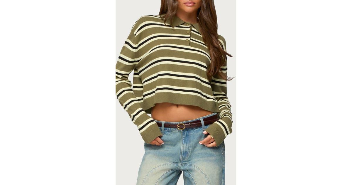 Edikted Shelby Stripe Crop Polo Sweater in Green | Lyst