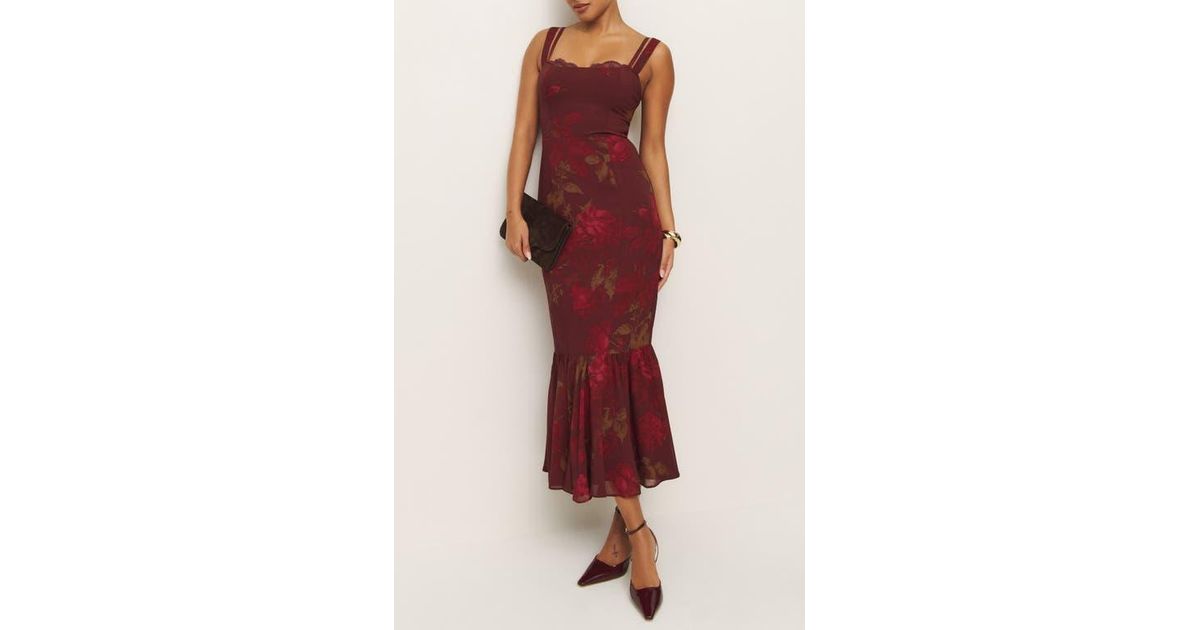 Reformation Irisa Floral Trumpet Dress in Red | Lyst