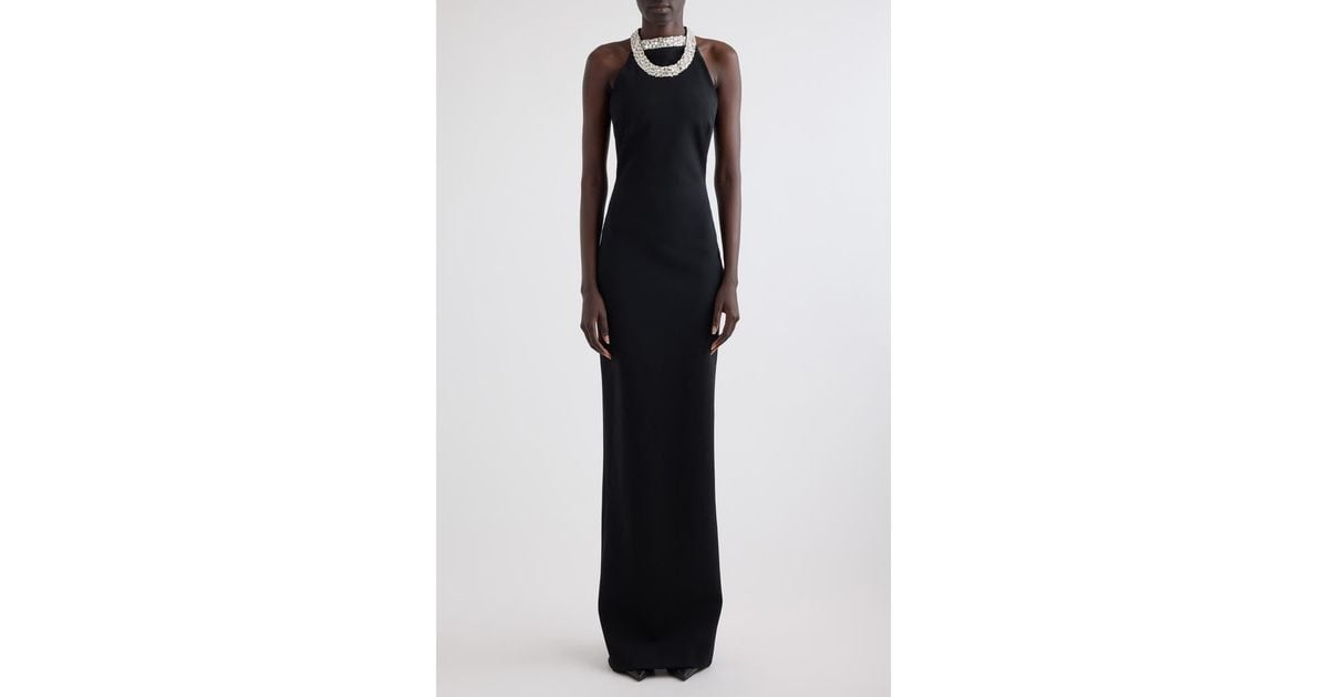 Balmain Double Crystal Collar Halter Neck Gown in Black | Lyst
