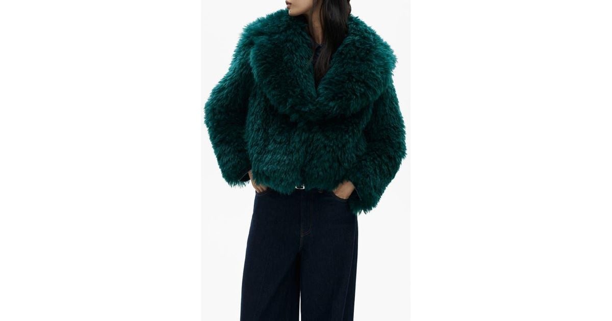 Mango Shaggy Faux Fur Jacket in Green | Lyst