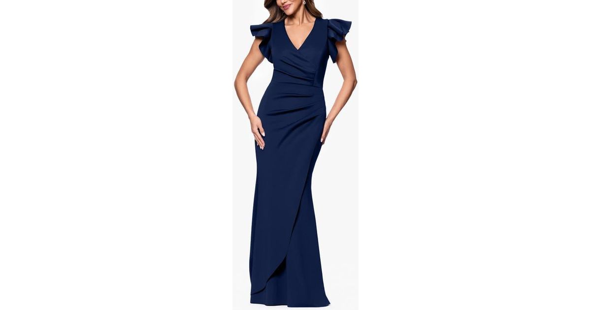 Xscape Evenings Ruffle Ruched Scuba Knit Gown in Blue | Lyst