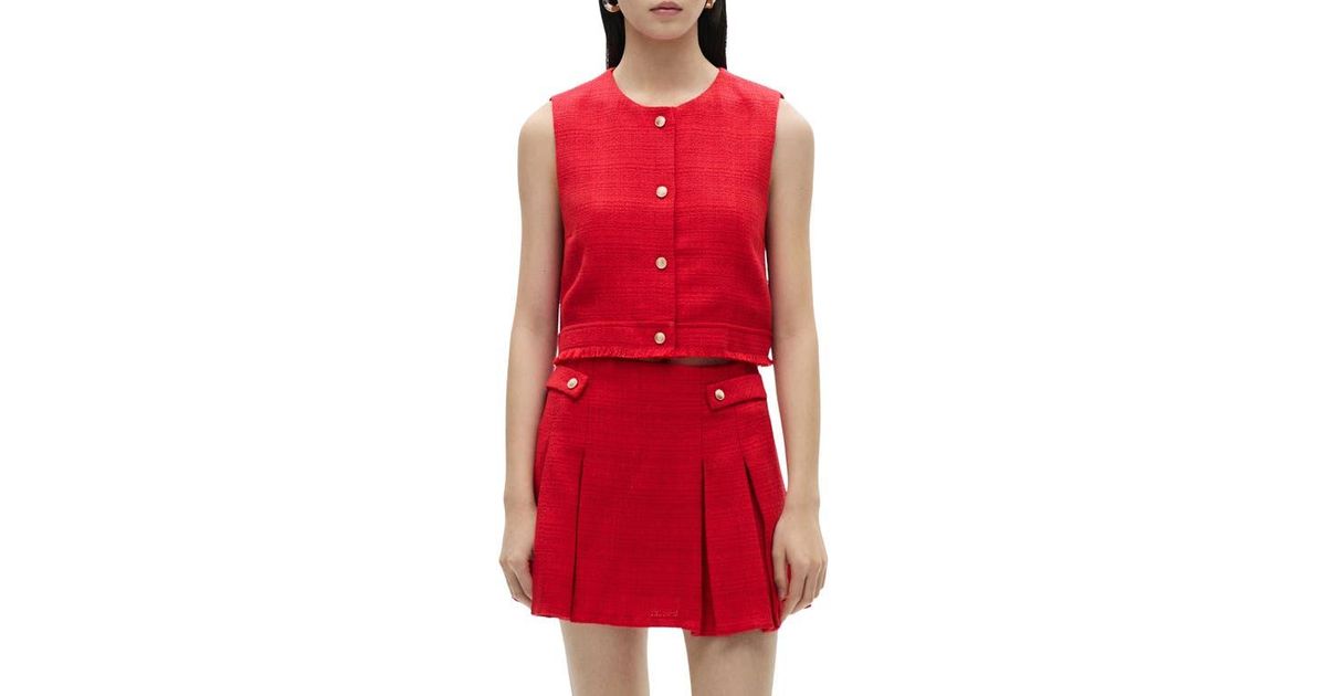 Mango Tweed Crop Vest in Red | Lyst