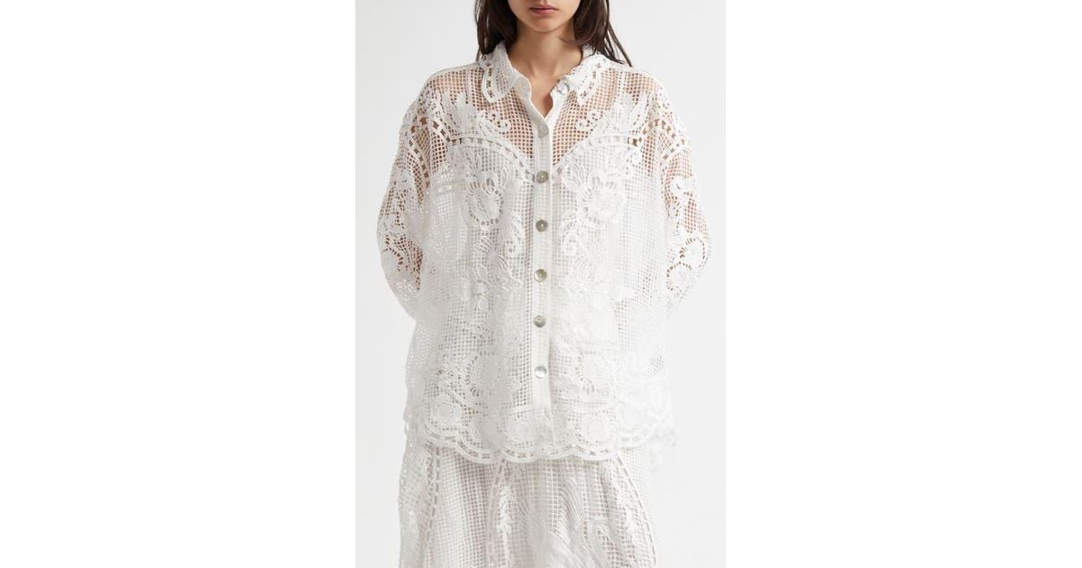 FARM Rio Swan Lake Guipure Lace Button-Up Shirt in White | Lyst