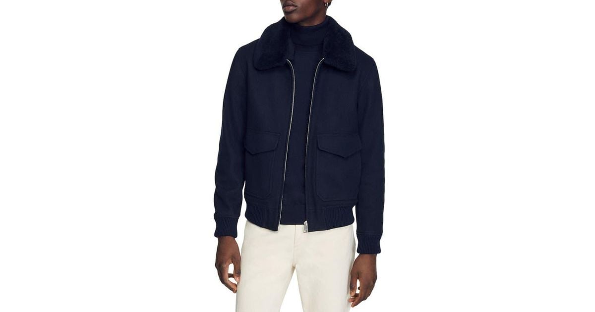 Sandro Aviator Genuine Shearling Collar Wool Blend Bomber Jacket in ...