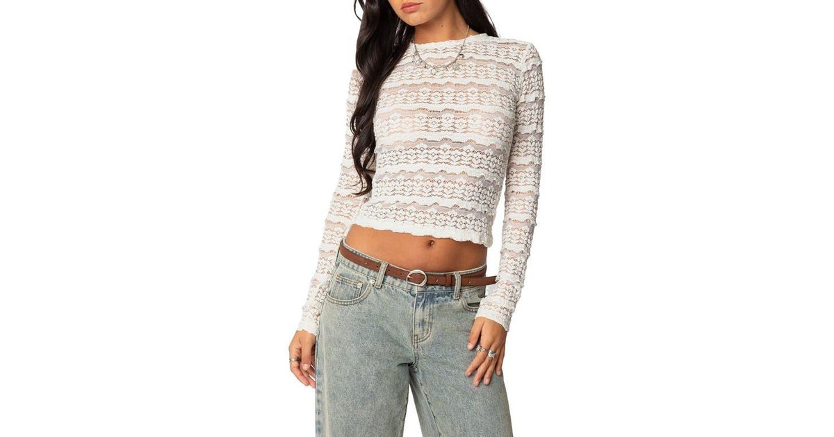 Edikted Daisey Textured Sheer Lace Crop Top in Gray | Lyst