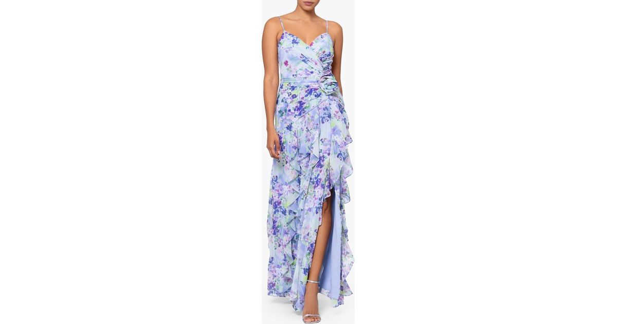 Xscape Evenings Floral Ruched Ruffle Gown in Blue | Lyst