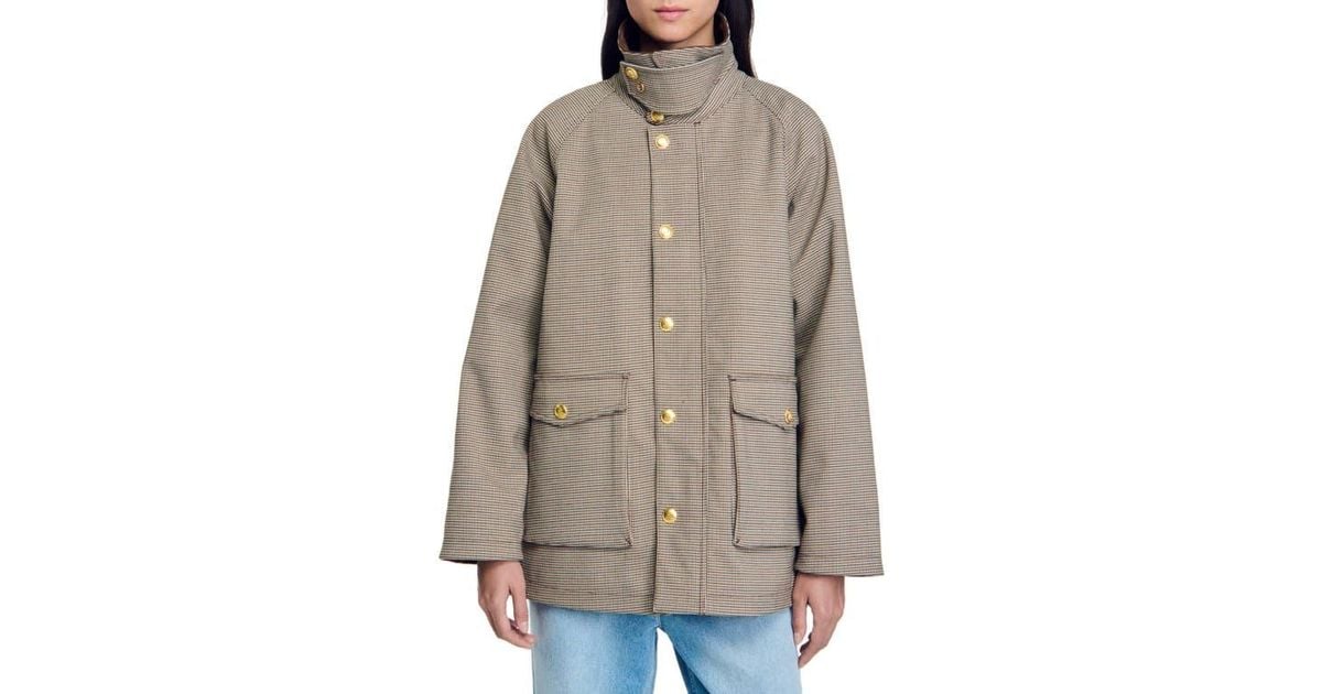 Sandro Check Coat With Velvet Collar in Brown | Lyst