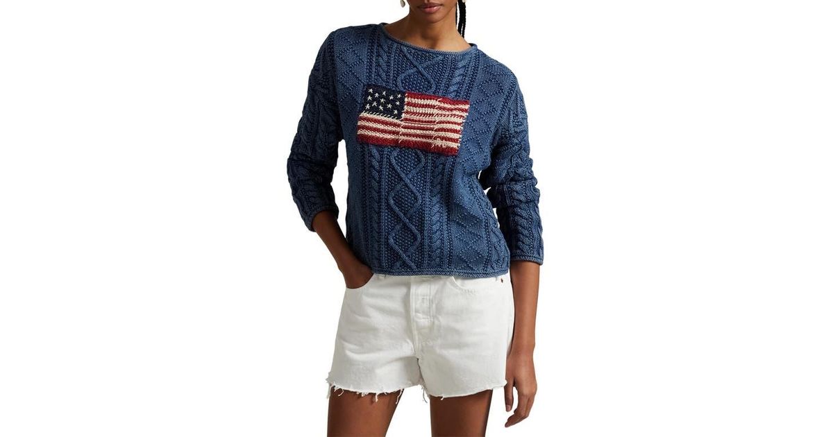 Polo Ralph Lauren Flag Cable Knit Cotton Aran Sweater in Blue | Lyst