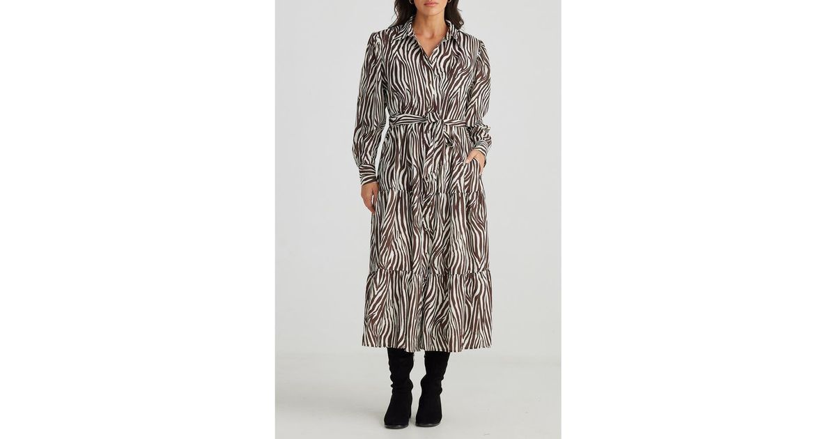 Brave+True Alice Zebra Print Long Sleeve Shirtdress in Gray | Lyst