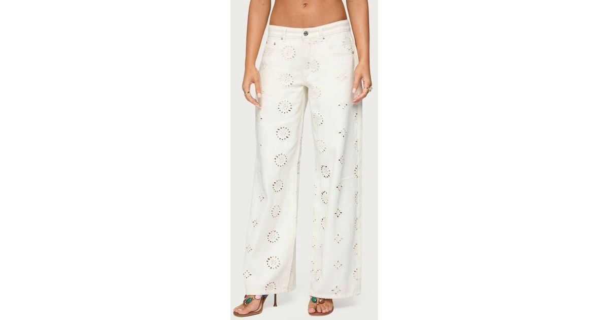 Edikted Eyelet Embroidered Low Rise Wide Leg Jeans in White | Lyst