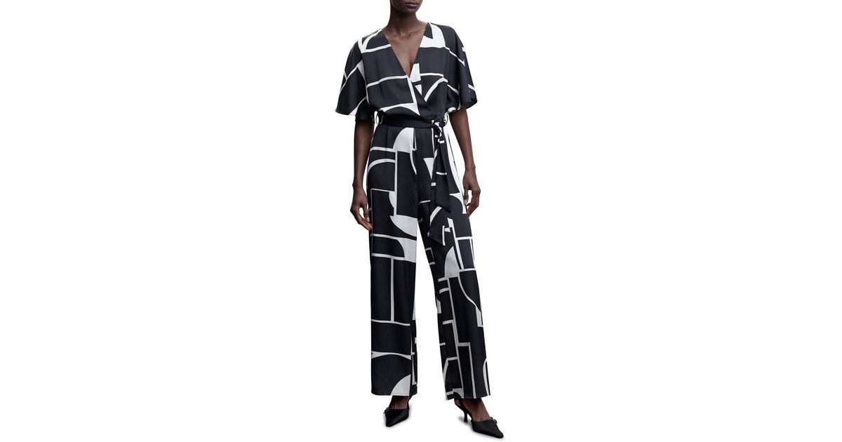 Mango Geo Print Satin Jumpsuit in Black | Lyst