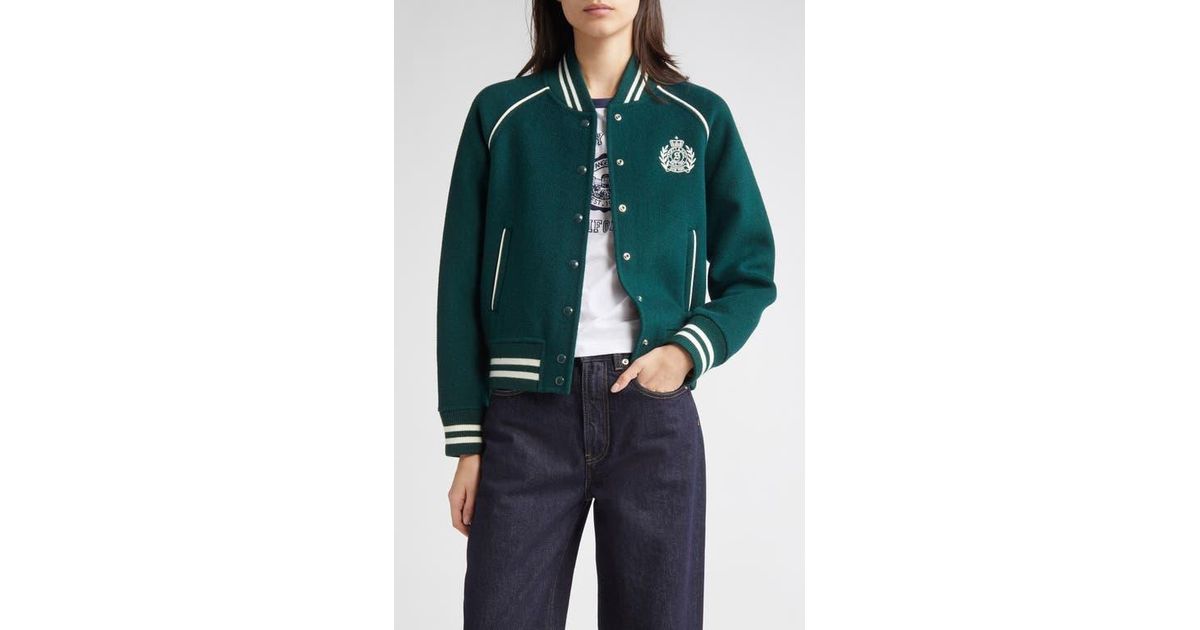 Sporty & Rich Crest Detail Wool & Cashmere Varsity Jacket in Green | Lyst