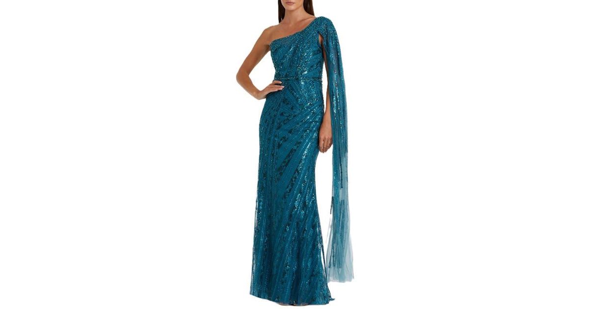 Mac Duggal One Shoulder Cape Sleeve Embellished Gown in Blue | Lyst